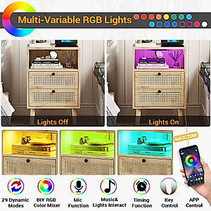 VIAGDO Rattan Nightstand with Charging Station, Led Night Stand with 2 Rattan Drawers, Bedside Tables with Solid Wood Feet, End Side Table with Open Storage Shelf for Bedroom