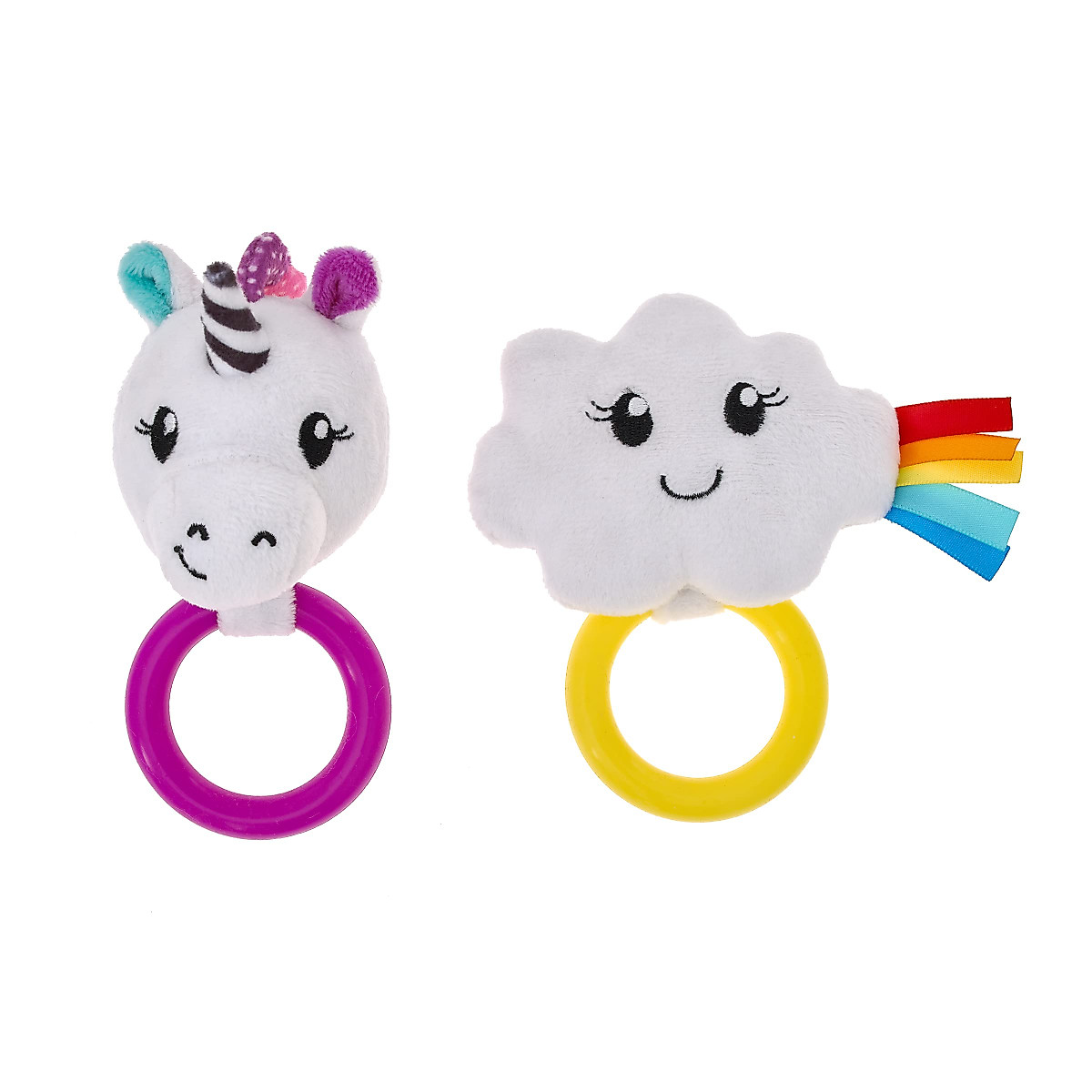 NoJo Sassy Baby Ulbright Unicorn and Cloud Multi-Colored Developmental Plush Teether Rings Two Pack with Rattle and Chime