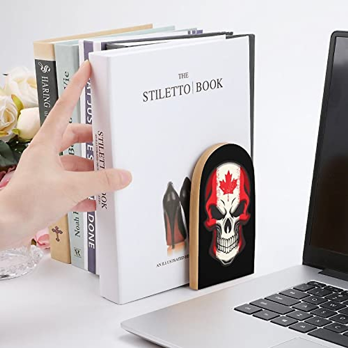 Canada Flag Skull Wood Book Ends for Shelves Non-Skid Bookend Book Stand Book Holder Stopper for Home Office School