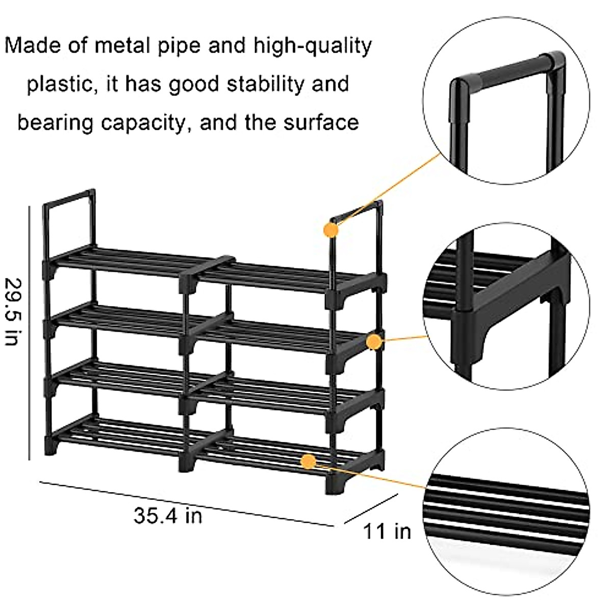 MYITYARD Shoe Rack, 4 Tier Free Standing Shoe Shelf Detachable Metal Multi-Layer Stackable Shoe Storage Organizer for Entrance, Clothing Room, Black