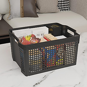 Waikhomes 6 Pack Large Stackable Basket, Plastic Woven Basket Organizer, Black