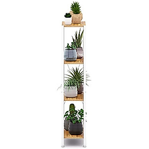4 Tier Storage Shelves Plus Narrow Shelf Unit Metal Shelves Shelf Free Standing Shelf Organisers Modern Shelf Ladder Shelf Bookshelf for Bathroom Kitchen Bedroom Hallway Steel & Wooden White & Beige