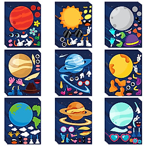WATINC 45pcs Make Your Own Planet Stickers Games, 9 Planets Solar System Birthday Party Favor Stickers for Kids, DIY Outer Space Make a Face Sticker for Children, Craft Kit Toy for Kids Party Supplies