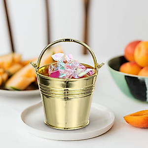 DOITOOL 10pcs Gold Bucket with Handle Plastic Candy Cookie Barrel Plastic Goody Bucket 5. 5x5. 5x5. 5cm Snack Cookie Bucket for Birthday Picnic Party Favors Organizing Decorations