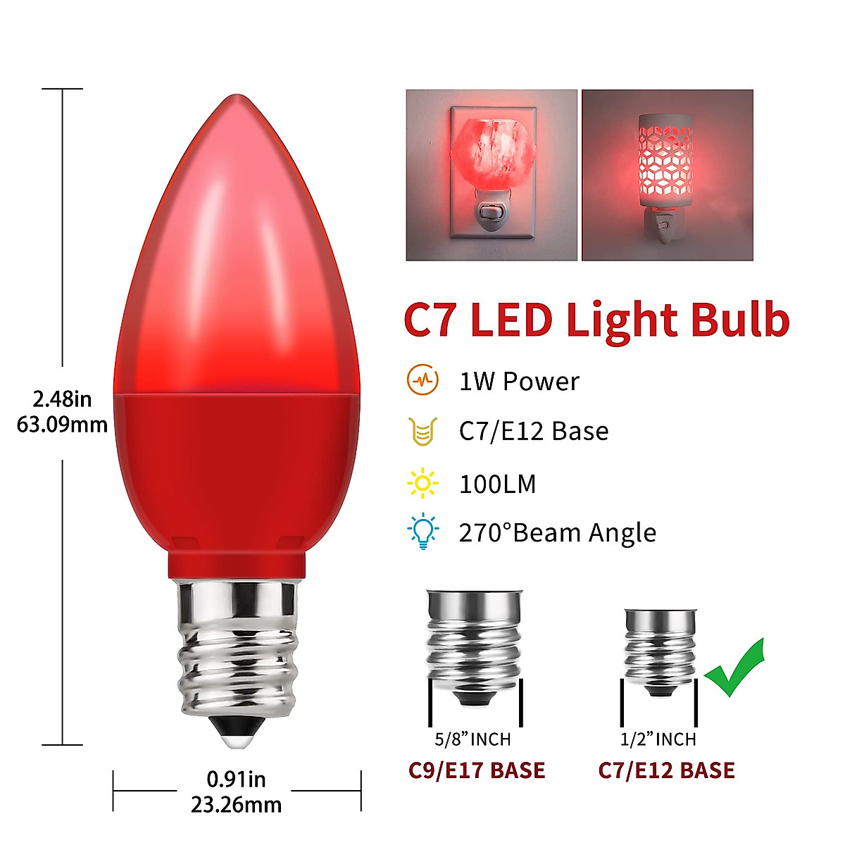 Flaspar C7 Red Night Light Bulb, E12 Candelabra Base Light Bulbs, C7 Colored Bulb 10W Equivalent Suitable for Halloween Night Lights, Decorative Lights and Christmas Strings, 6 Pack
