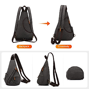 LOVEVOOK Sling Bag Canvas Crossbody Backpack Genuine Leather Shoulder Bag Casual Daypacks For Men Cycling Hiking Travel