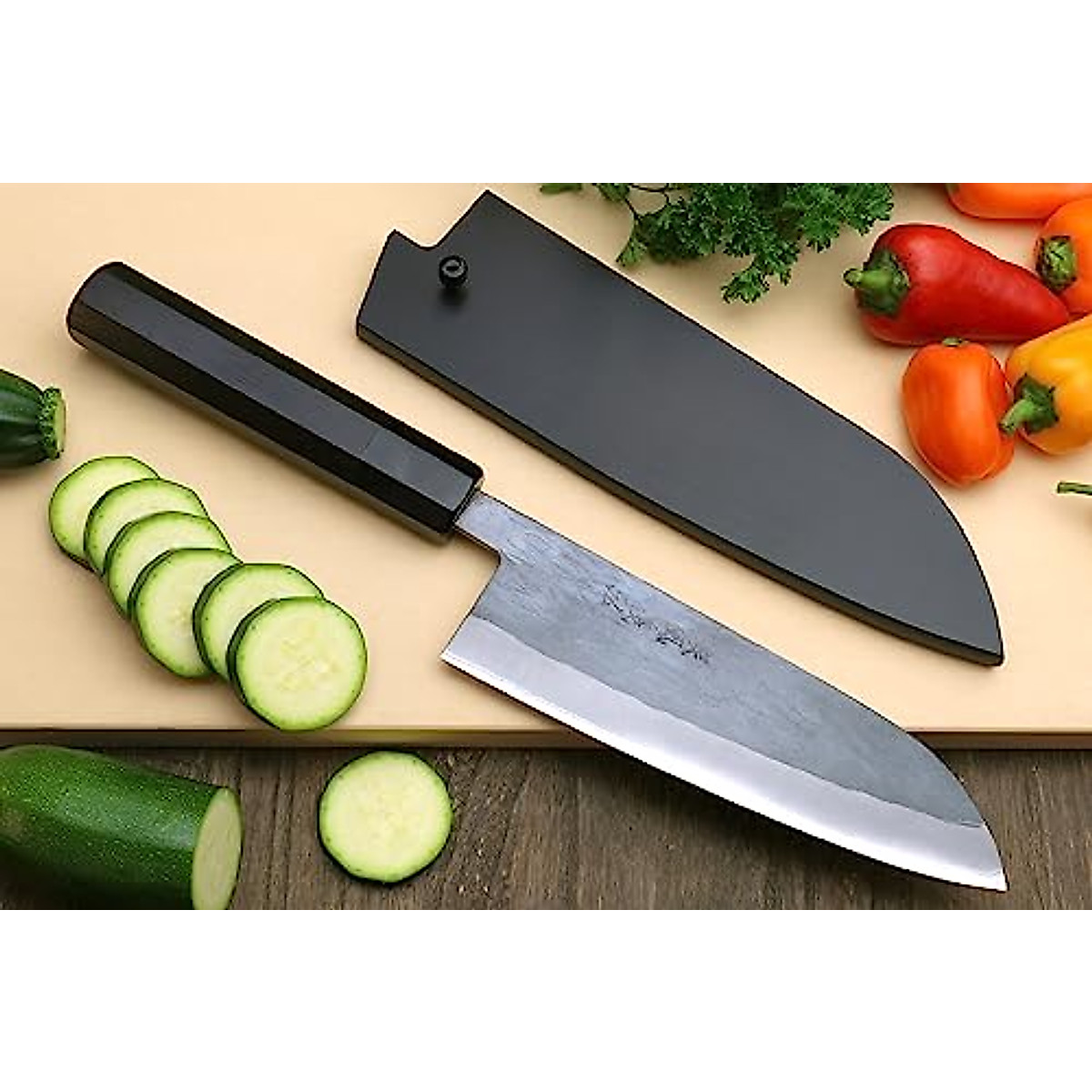 Yoshihiro Kurouchi Black-Forged Blue Steel Stainless Clad Santoku Multipurpose Knife Ebony Handle (6.5'' (165mm) & Saya)