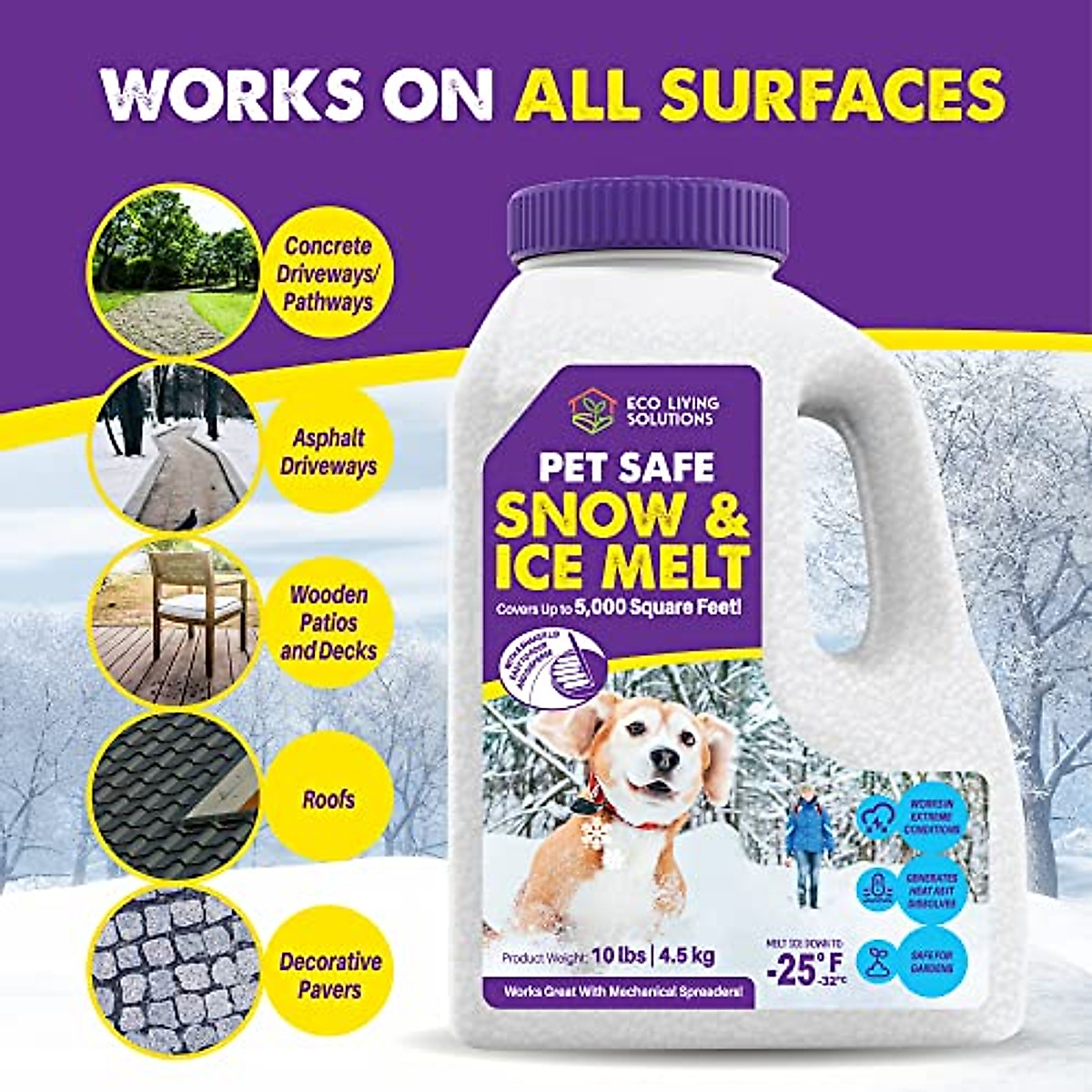 Pet Safe Snow & Ice Melt | Eco Living Solutions | Calcium Chloride | Works Under -25 °F | Safe for Concrete Driveway and Roof | Better Than Rock Salt | Safe for Kids and Pets (10, Pounds)