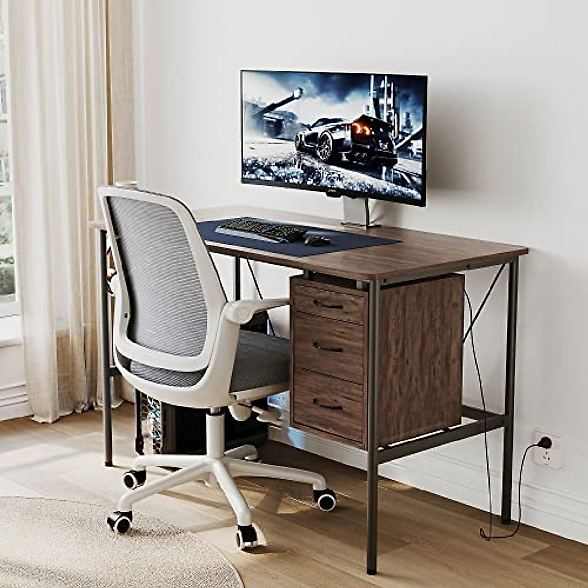 LINSY HOME Computer Desk 47 inch with 3 Drawer, Writing Desk Study Table with Monitor Stand Groove for Home Office, Brown