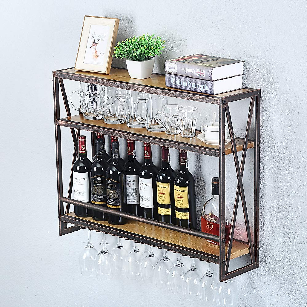 GWH Industrial Wine Rack Wall Mounted - (3 Tier - 31.5in - Black Brush Red Coper), Easy to Install , Hanging Wine Rack, 100% Pine Solid Wood, Galvanized Steel