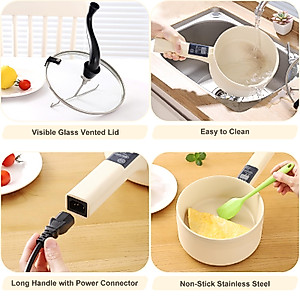 Multifunctional Electric Hot Pot Cooker, Upgraded Non-Stick Stainless Steel 1L Mini Portable Lazy Pot Popcorn Ramen Maker for Steak Egg Soup Travel with Long Handle Power Adjustment milky white