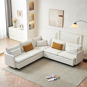 Pamag pieeoo L Shaped Sectional Couch Sofa, 5 Seat Sofas with 5 Waist Pillow, Mid Century Modern Sectional Couches for Living Room, Small Apartments and Office (Beige)