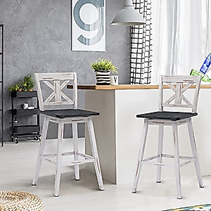 COSTWAY Bar Stools Set of 2, 360 Degree Swivel, 29-inch Height Chairs w/Non-Slip Foot Pads, Rubber Wood Bar Chairs, Vintage Bar Stools for Home, Restaurant (White)