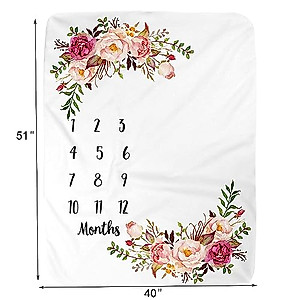 Baby Monthly Milestone Blanket for Boy Girl Soft Floral Memory Blanket Newborn Growth Chart Milestone Blanket Cute Photo Background Blanket with Wreath (51x40In)