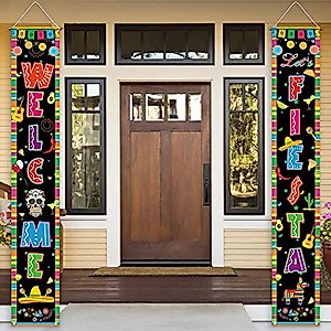 Allenjoy Let's Fiesta Door Banner for Party Decoration Flag Cinco de Mayo Carnival Mexican Theme Welcome Hanging Wall Porch Sign Outdoor Indoor Polyester 11.8x70.9 Inch Home Event Decors Supplies 2PCS