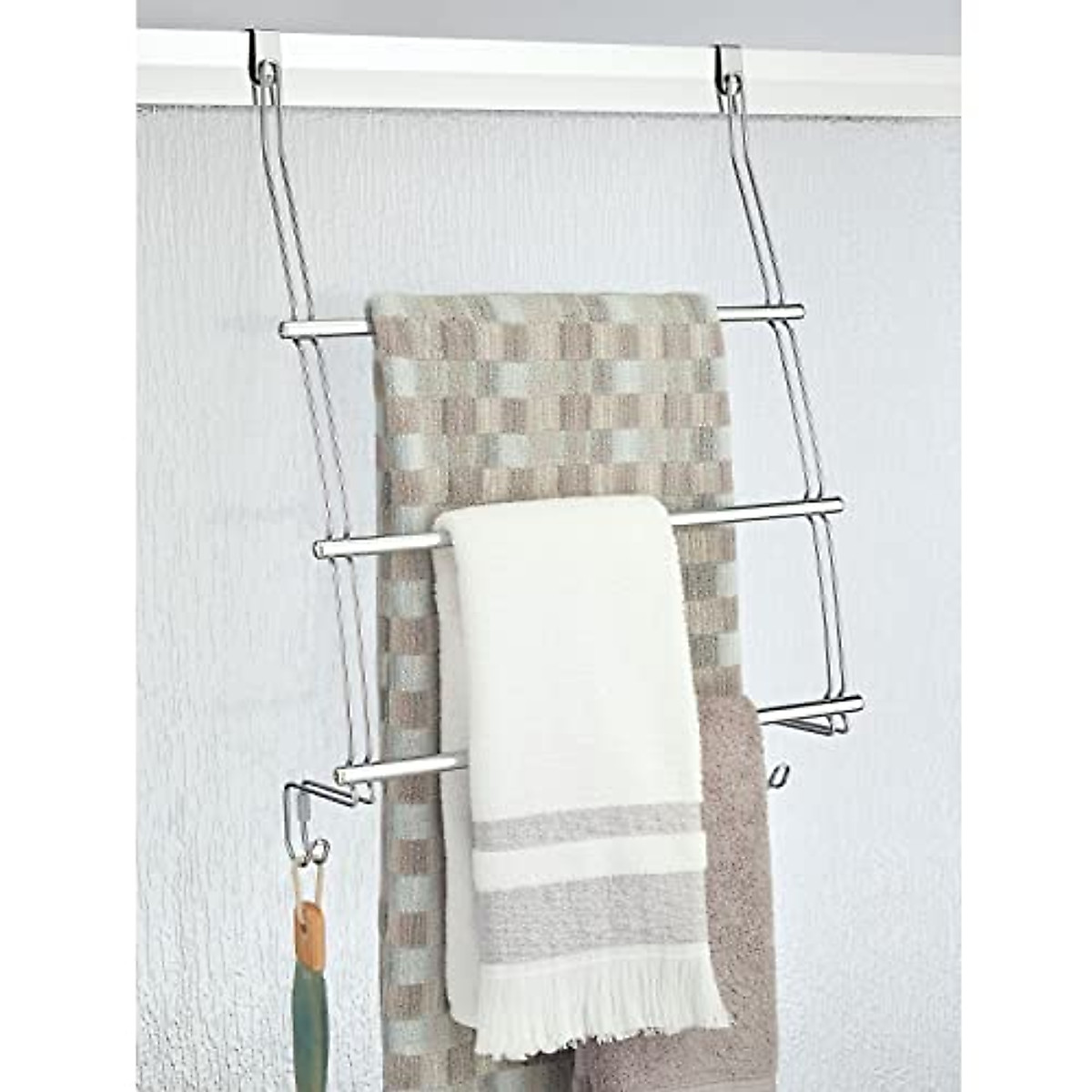 mDesign Adjustable Metal Over Door Towel Rack Holder for Shower and Bath, 3 Tier Rod Hanger with 2 Hooks for Bathroom - Hang Towel, Blanket, Washcloths, Loofahs, Sponges on Back of Door - Chrome