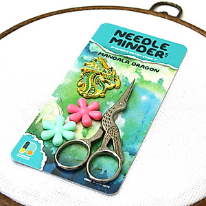Awesome Pattern Studio Needle Minder Set - Mandala Dragon Magnetic Needle Minder + 2 Needle Threaders + Crane Scissors. Enamel Pin for Cross Stitch, Embroidery and Craft