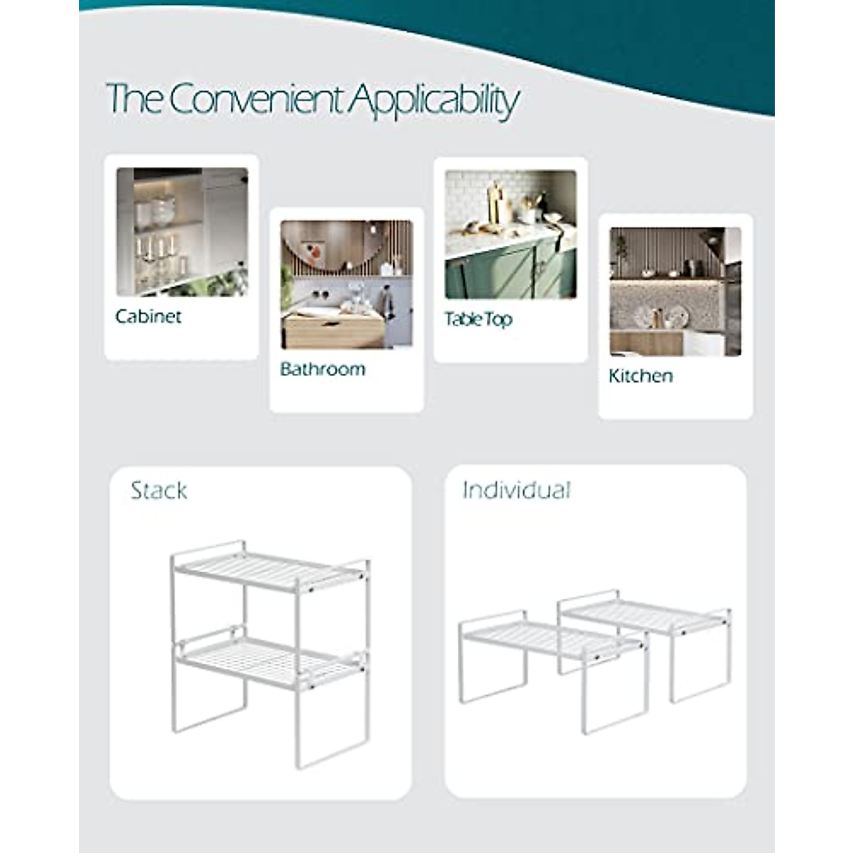 Shantton 2 Pack Kitchen Cabinet Shelf Counter Organizer Rack Pantry Storage Bathroom Bedroom Office Table Desk Space Saving Steel Frame Stackable Rust Resistant Non Slip White