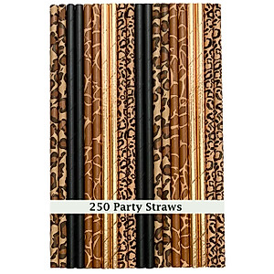 Bulk Animal Print Paper Straw Pack - Brown Black - Jungle Safari Theme - Leopard Giraffe Cheetah - 250 Pack Outside the Box Papers Brand