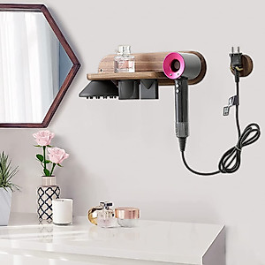 Wood Wall Mount Hair Dryer Holder for Dyson Supersonic, Walnut Bathroom Rack Magnetic Wall Bracket for Dyson Hair Dryer Power Plug, Diffuser and Nozzles Storage Organizer