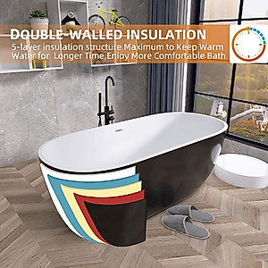 KUIKUI Classic Oval Shape Soaking Bathtub, 55" Acrylic Free Standing Bathtub withe Freestanding, Integrated Slotted Overflow,Pop-up Drain, Anti-clogging Black