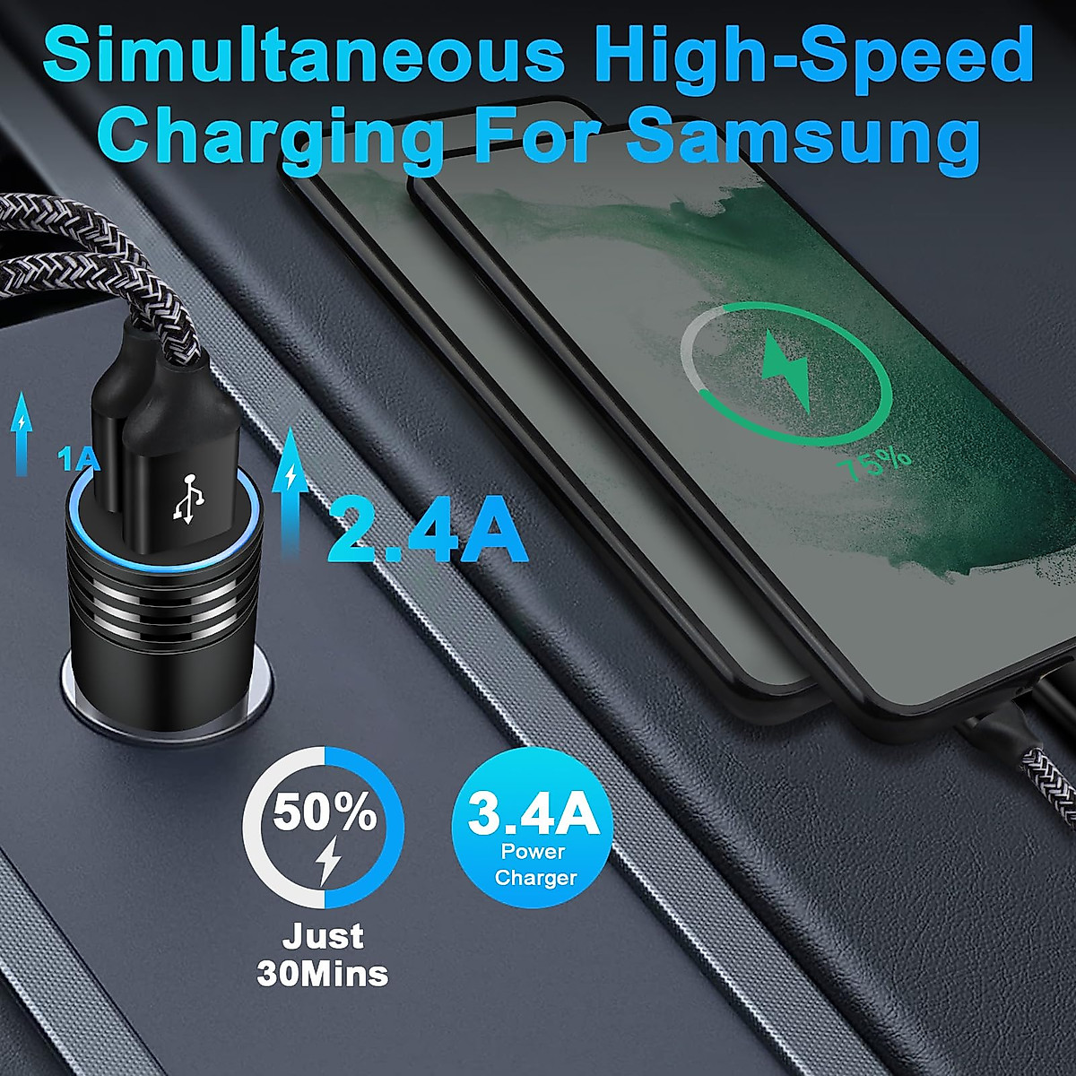 3.4A Fast Car Charger Type C Cigarette Lighter Plug USB Adapter Android Phone Charger Cable for Samsung Galaxy S24/A15/A54 5G/A14 5G/A53/A13/A23/A03S/A12/A32/A42/A52/A51/A71/S23/S22/S21/S20/S10/S9/S8