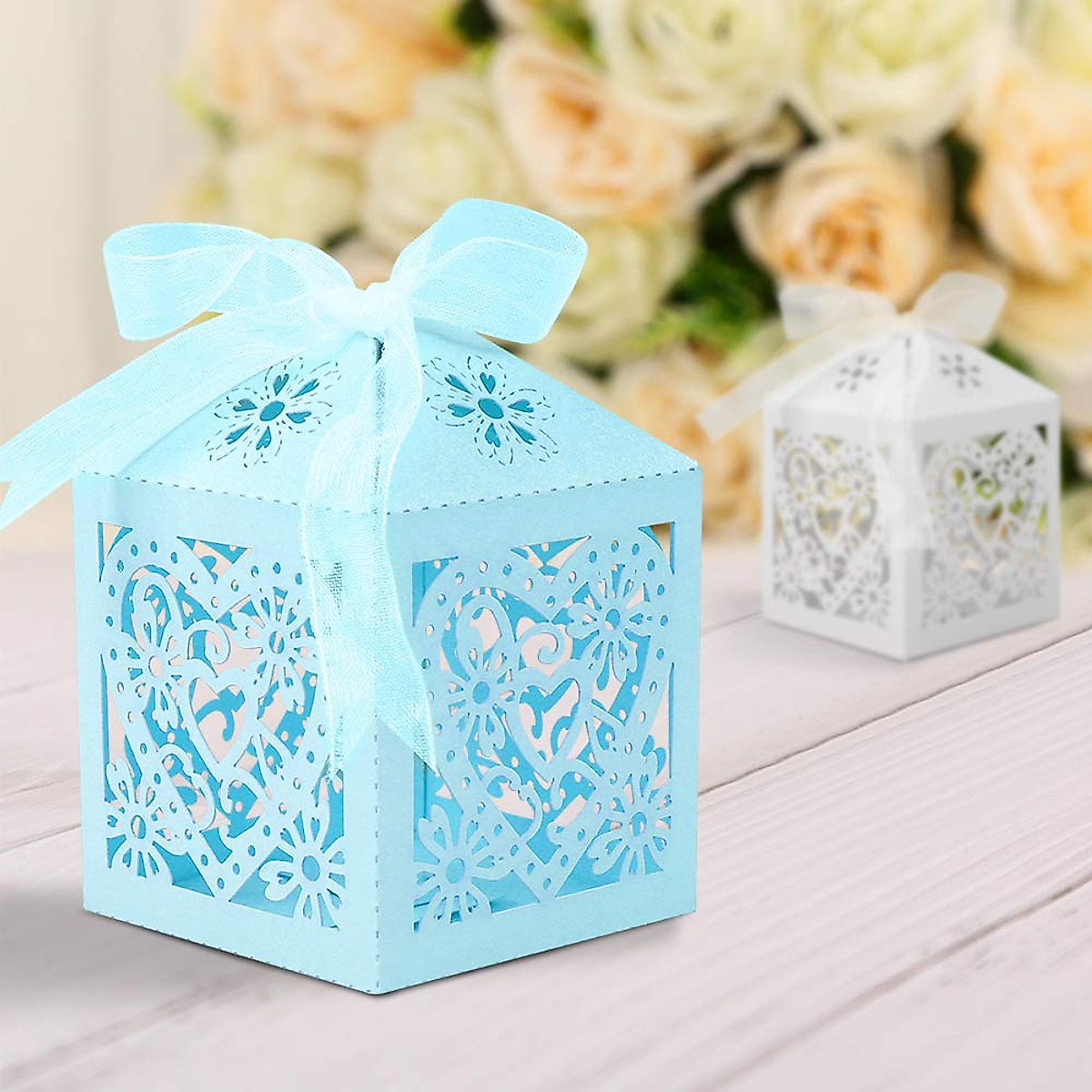 Lucky Monet 25/50/100PCS Love Heart Laser Cut Wedding Candy Gift Box Chocolate Box for Wedding Favor Birthday Party Bridal Shower with Ribbon (100pcs, Blue #01)