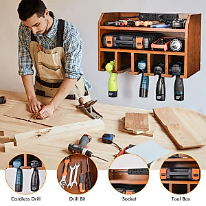 XCSOURCE Power Tool Organizer Storage, Drill Holder Wall Mount Drill Charging Station, Garage Tool Wall Cabinet Storage, Wood Cordless Drill Tool Organizer for Workshop Workbench (Easy Assembly)
