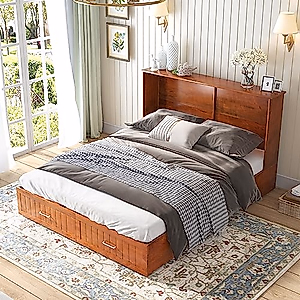 MUZZ Queen Size Murphy Cabinet Bed with Memory Foam Mattress, Charging Station and Large Drawer (Queen, Cherry with Handles)