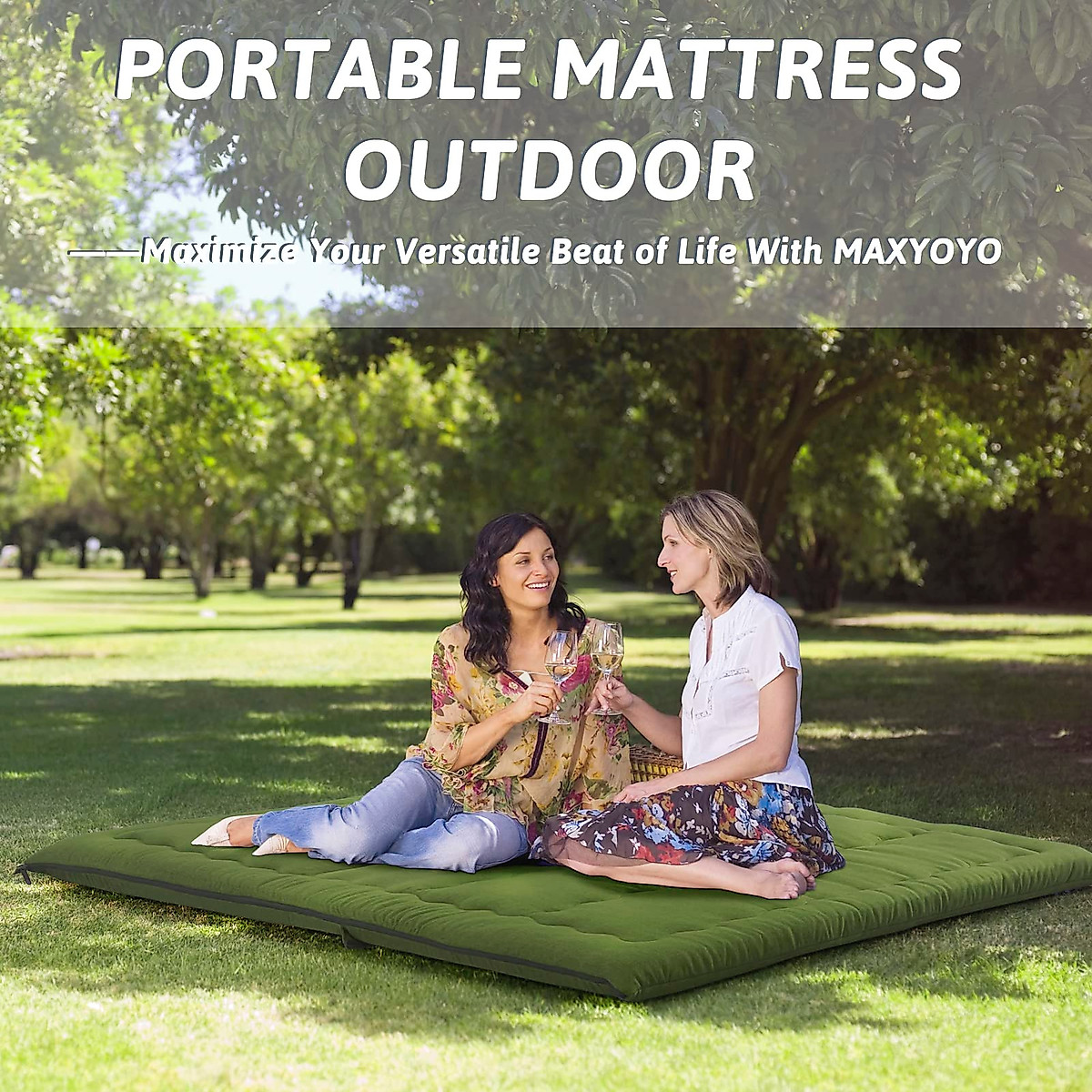 MAXYOYO Roll Up Mattress Sleeping Mat, Floor Futon Mattress for Outdoor Indoor, Upgraded Portable and Foldable Mattress, Green Full Mattress, 75x54 Inch