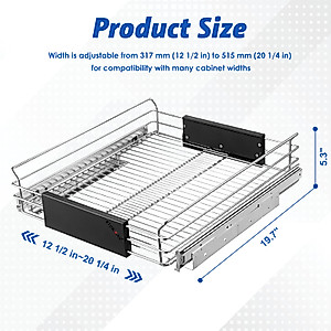 One Tier Expandable Pull Out Kitchen Cabinet Organizer,12.5" W X 19.7" D X 5.3”H,Easily Adjustable Width from 12.5" to 20.2" ,Slide Out Kitchen Cabinet Storage Shelves ,Wire Frame,Chrome Finish