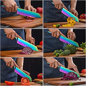 WELLSTAR Kiritsuke Chef Knife 8 Inch, Razor Sharp German Steel Blade and Comfortable Handle with Rainbow Titanium Coated for Kitchen Food Cutting Slicing Dicing, Asian Vegetable Meat Cooking Knife