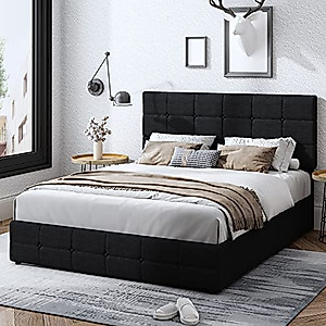 Modern Upholstered Bed Frame with 4 Drawers, Platform Bed with Button Tufted Headboard, Solid Wooden Slat Support, Easy Assembly, Queen Size, Black