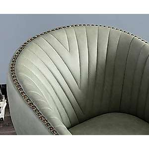 Guyou Barrel Home Office Desk Chair with Wood Base, Upholstered Ergonomic Accent Arm Chair with Luxurious Nailheads and Pleated Mid-Back for Home Studio Bedroom Vanity, Green in Faux Leather