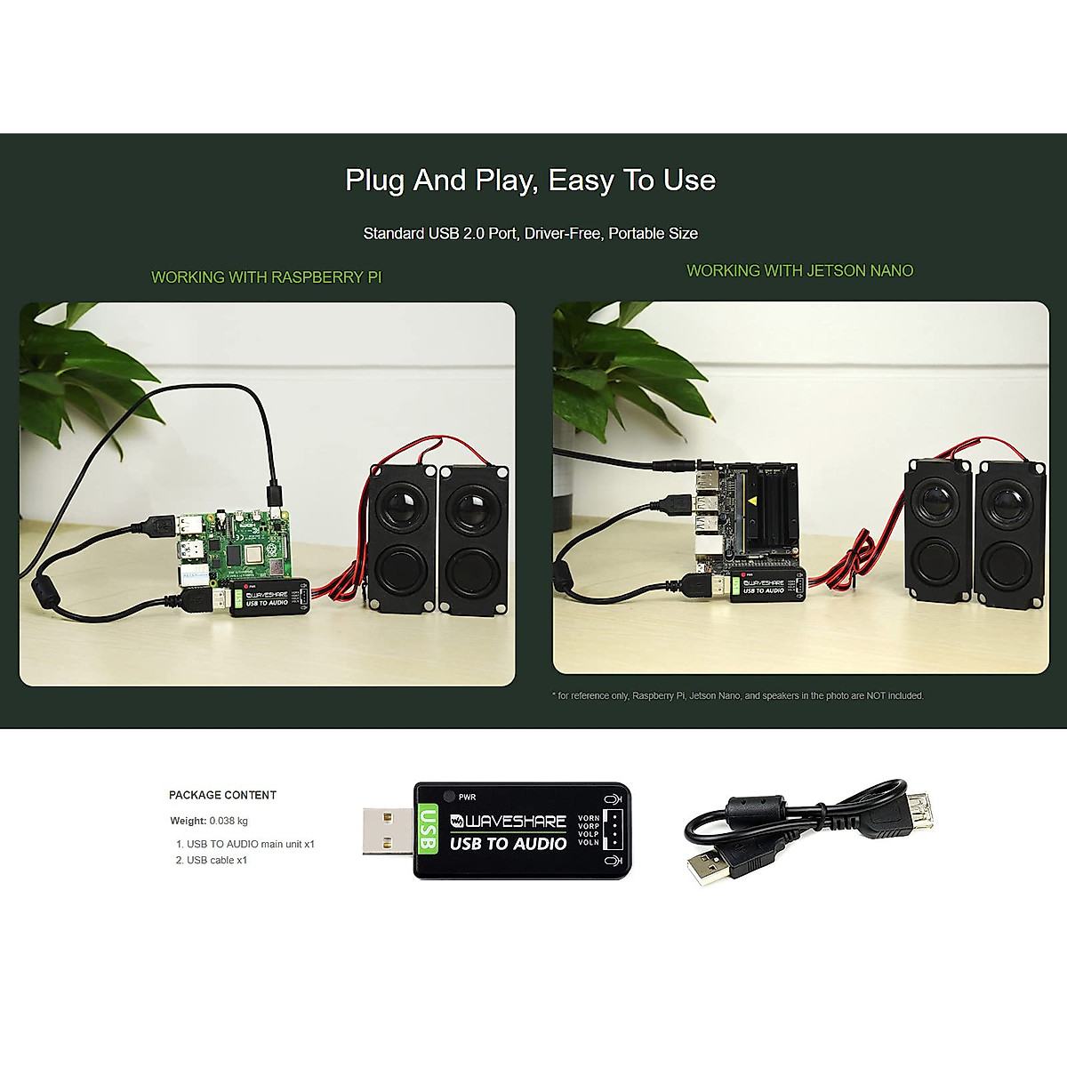 Waveshare USB Sound Card for Raspberry Pi/Jetson Nano USB Audio Module External Audio Converter Recording and Playback Support Stereo Codec Onboard Microphone and Speaker Header No Driver Required