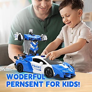 DEERC Transform Remote Control Car,2.4GHz Robot RC Cars,1:18 Scale Police Car Toy One-Button Deformation & 360° Rotating Drifting for Kids Boys Age 4-7 8-12 Birthday Xmas Gift
