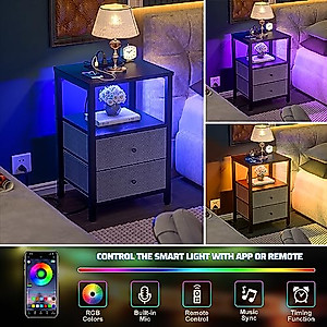 Cyclysio Night Stands Set of 2 with Charging Station, Night Stand with LED Lights, 25.6'' End Table Bedside Tables with 2 Drawers, 3 Tier Tall Night Stand with Storage for Bedroom Living Room, Black