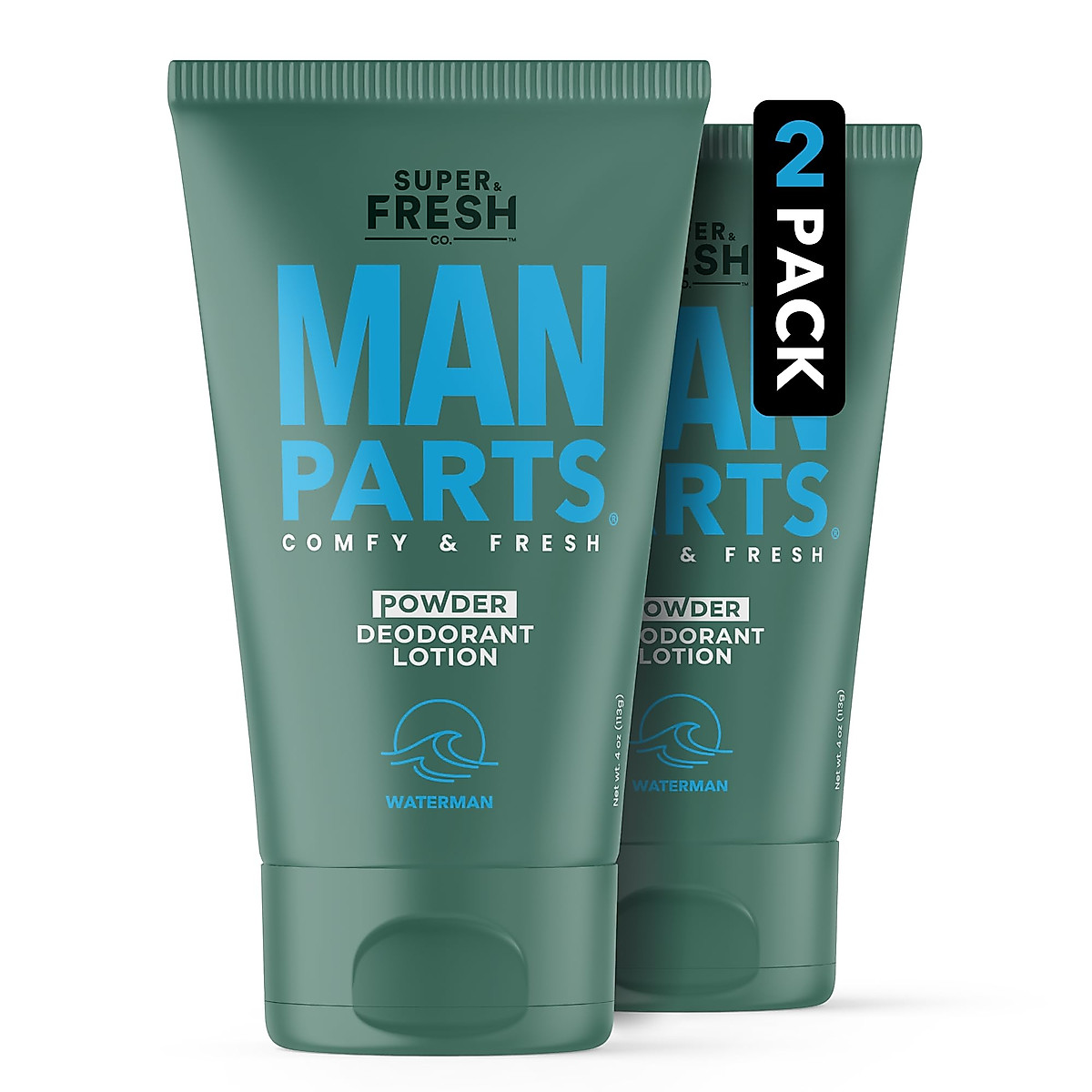 Super Fresh Man Parts Ball Deodorant for Men | Powder Lotion, Fresh Control Odor, Anti Chafing, Stop Itch, Absorb Sweat, Aluminum Free, 4 oz Tube (2PK)