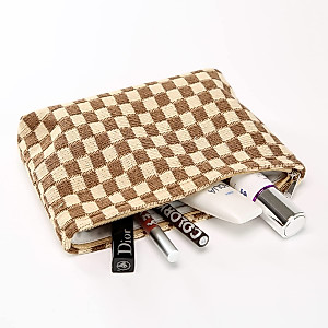 Aoekaff Cosmetic Bags for Women,Large Y2K Makeup Bags for Travel Aesthetic Knitted Purses Checkered Toiletry Bag Makeup Organizer Storage For Women Gift (Khaki)