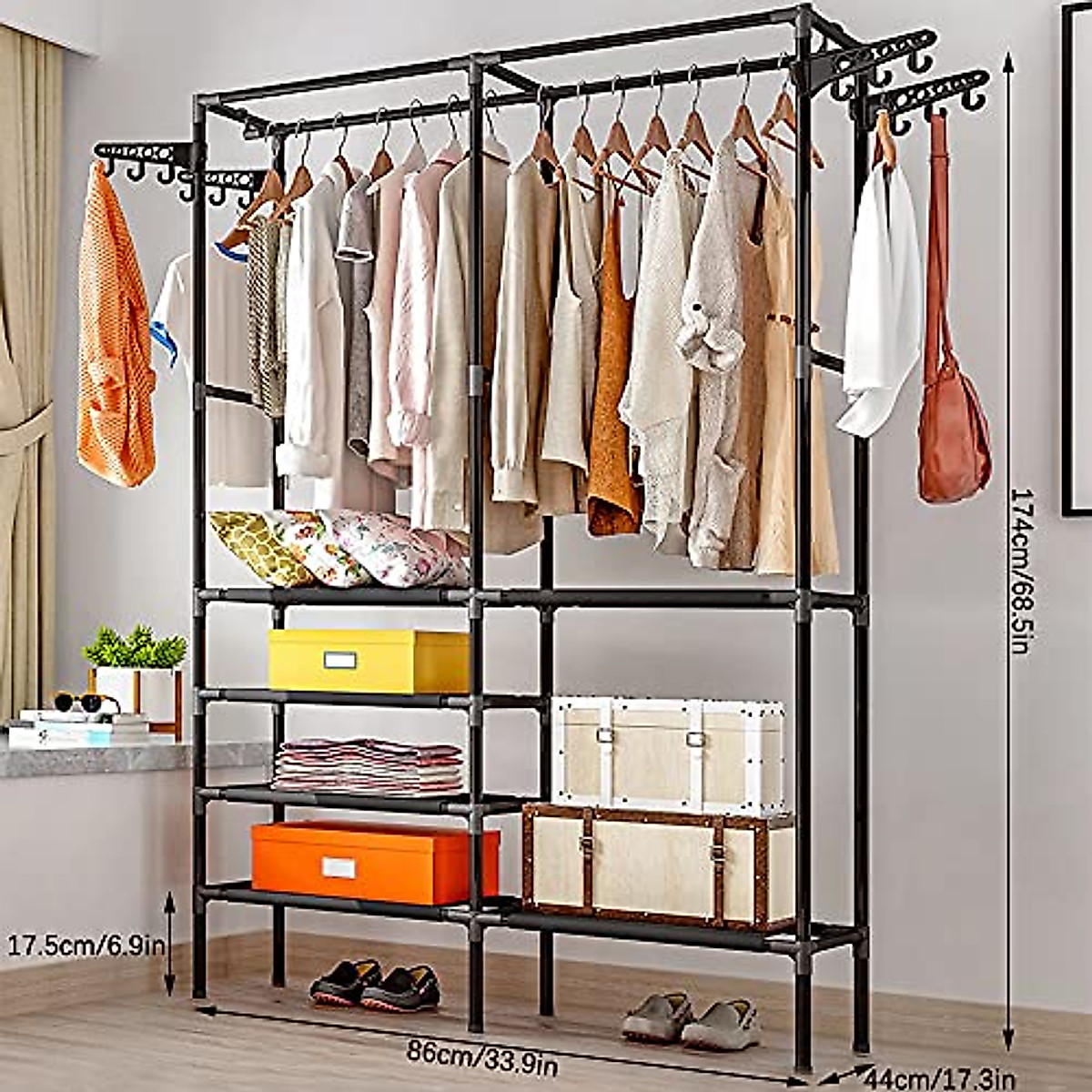 ZZBIQS 5 Tiers Metal Garment Clothing Rack Hanging Clothes Organizers with Shelves and 4 Side Hook , Compact Armoire Storage Rack, 33.8" L x 17.3" W x 68.5" H, Max Load 115 LBS, Black