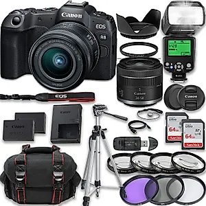 Canon EOS R8 Mirrorless Camera RF 24-50mm f/4.5-6.3 is STM Lens + Accessories Included: 2X 64GB Memory Cards, TTL Flash, Extra Battery, Case, Tripod & More (Renewed)