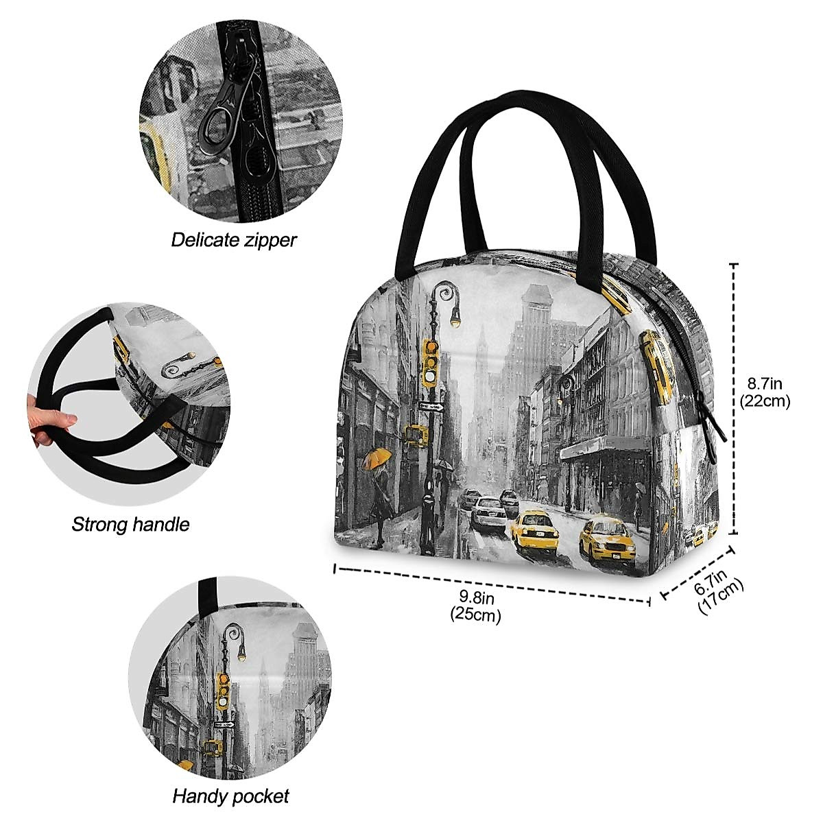 ZzWwR Trendy Street View of New York Reusable Lunch Tote Bag with Front Pocket Zipper Closure Insulated Thermal Cooler Container Bag Work Picnic Travel Beach Fishing