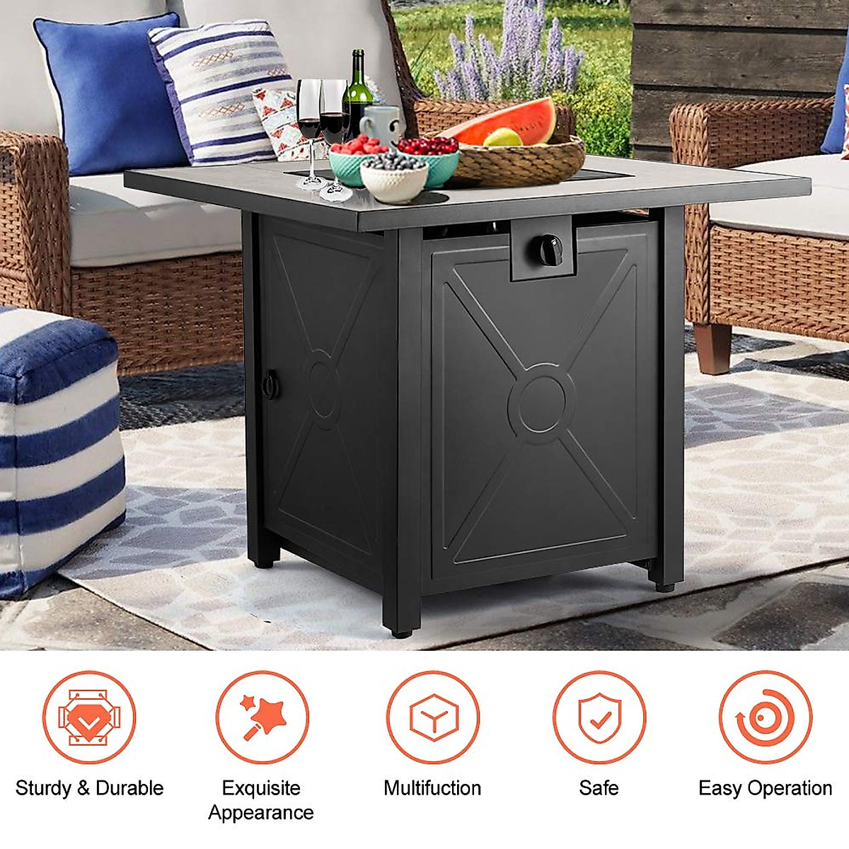 AVAWING Propane Fire Pit Table, 30 inch 50,000 BTU Square Gas Firepits w/Ceramic Tabletop with Waterproof Cover, Glass Wind Guard, Tempered Glass Beads, Protective Cover