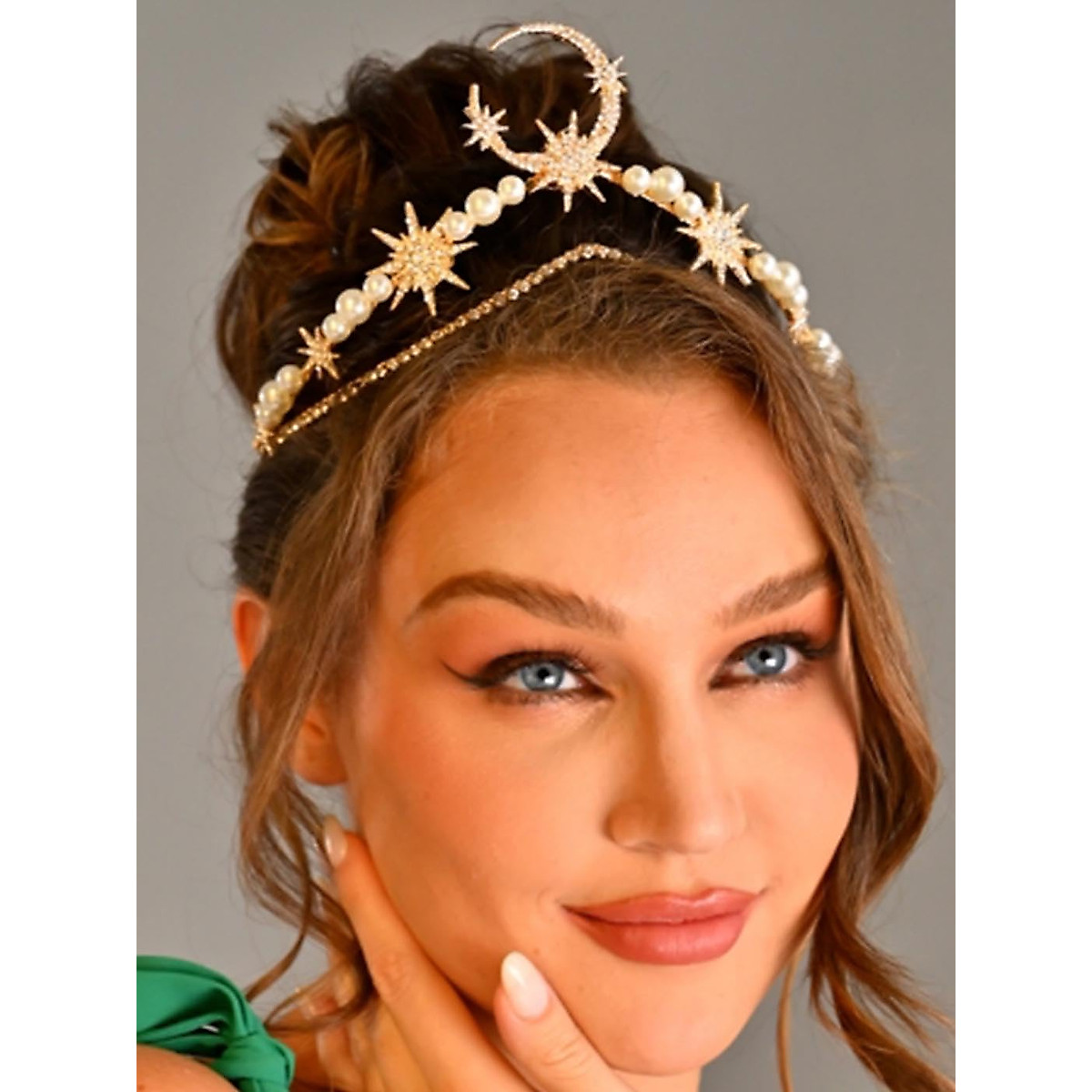 Catery Star Moon Crown Headband Gold Halo Crown Goddess Tiara Headpiece Pearl Boho Wedding Headpiece Bridal Hair Accessories for Women and Girls