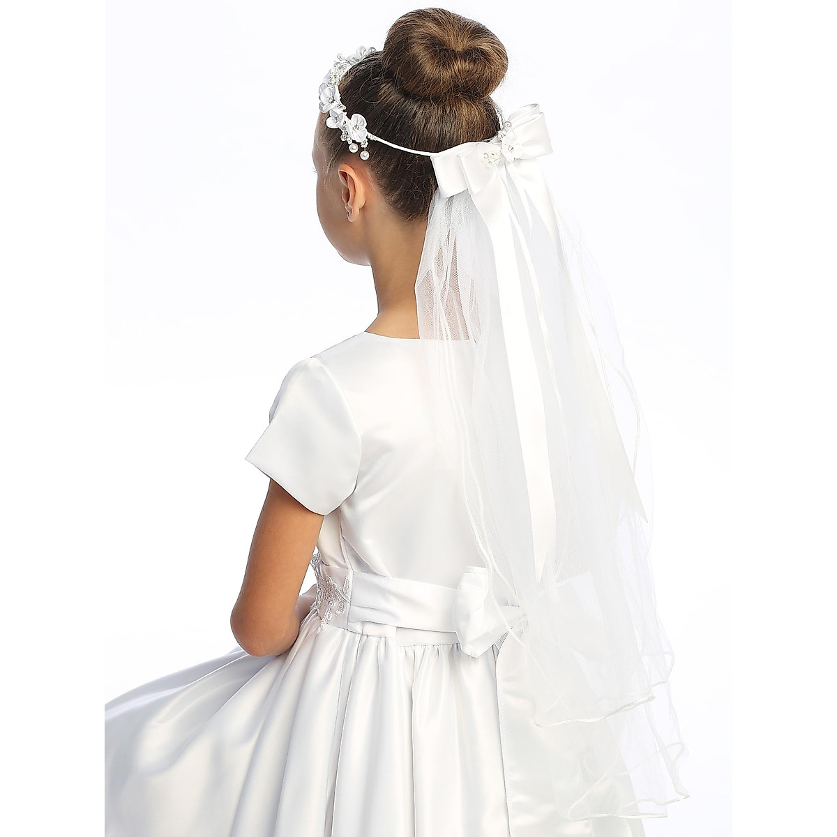 SWEA Pea & Lilli Girls First Communion Veil - White Holy 1st Communion Headpiece with Comb and Flowers