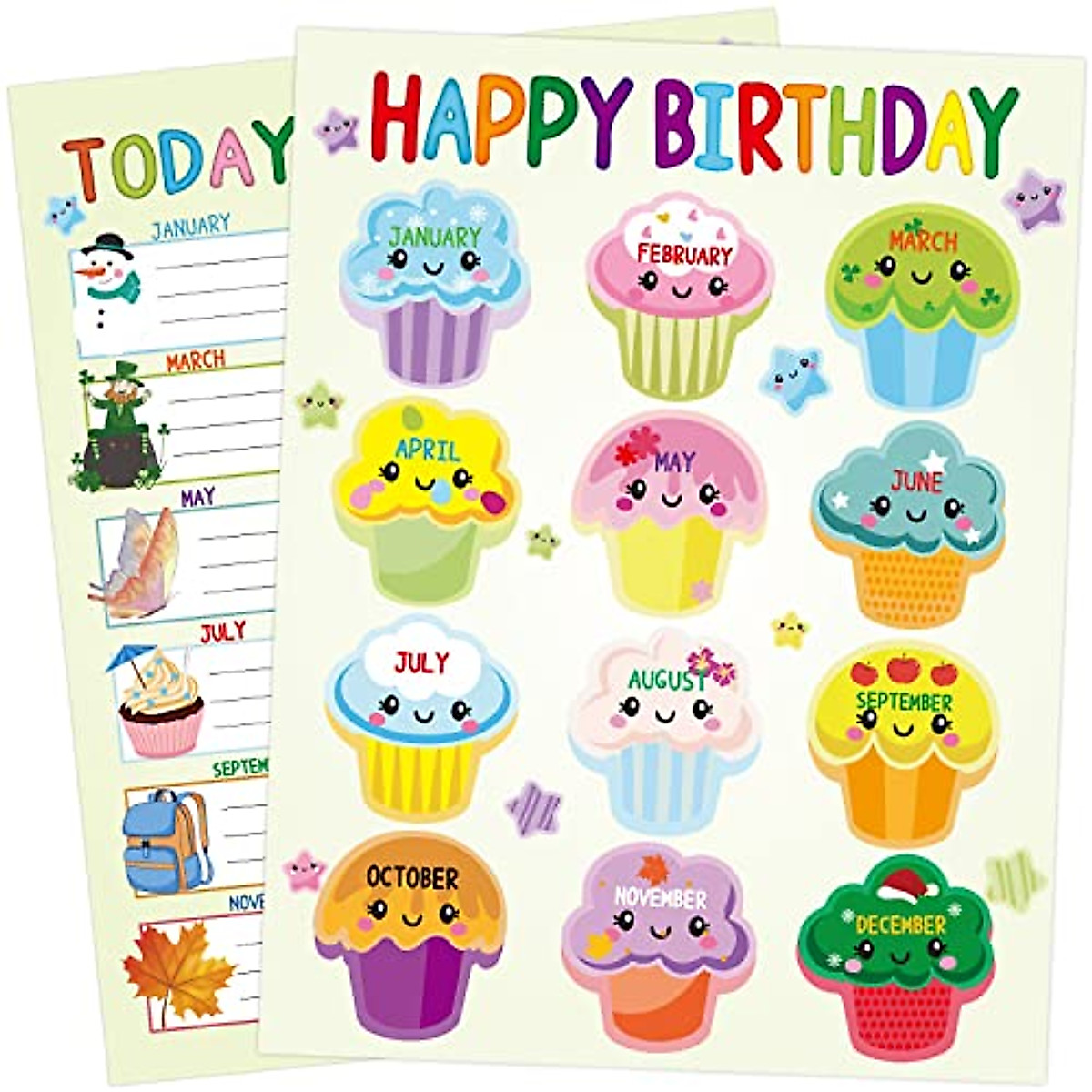 FANCY LAND Cupcake Happy Birthday Poster Chart 2PCS 17" x 22" Cupcake Birthday Poster Monthly Birthday Chart Class Birthday Decoration