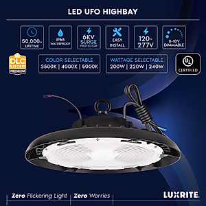 LUXRITE 200/220/240W UFO High Bay LED Shop Lights, Up to 36000 Lumens, 3CCT 3500K-5000K, 5FT Hardwire Cable, Surge Protected, IP65, 120-277V, UL - Warehouse Gym Factory Commercial Lighting 2-Pack