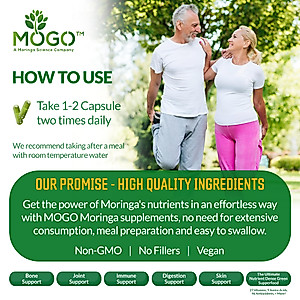 MOGO Organic Moringa Powder Capsules,180 Ct | Moringa Supplement for Energy, Immunity & Joint Health, Our Moringa Capsule Made with Pure Moringa Powder Organic,Vegan and Non GMO.