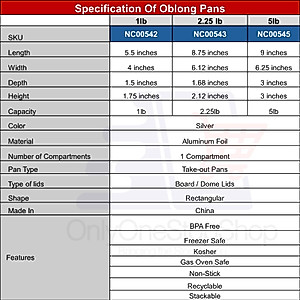 Nicole Fantini 8.75" L x 6.12" W Disposable Oblong Pan with Dome Lids - 2.25 Lb Aluminum Foil Oblong Pans: 100% Recyclable : Perfect for Baking and Roasting : Set of 100