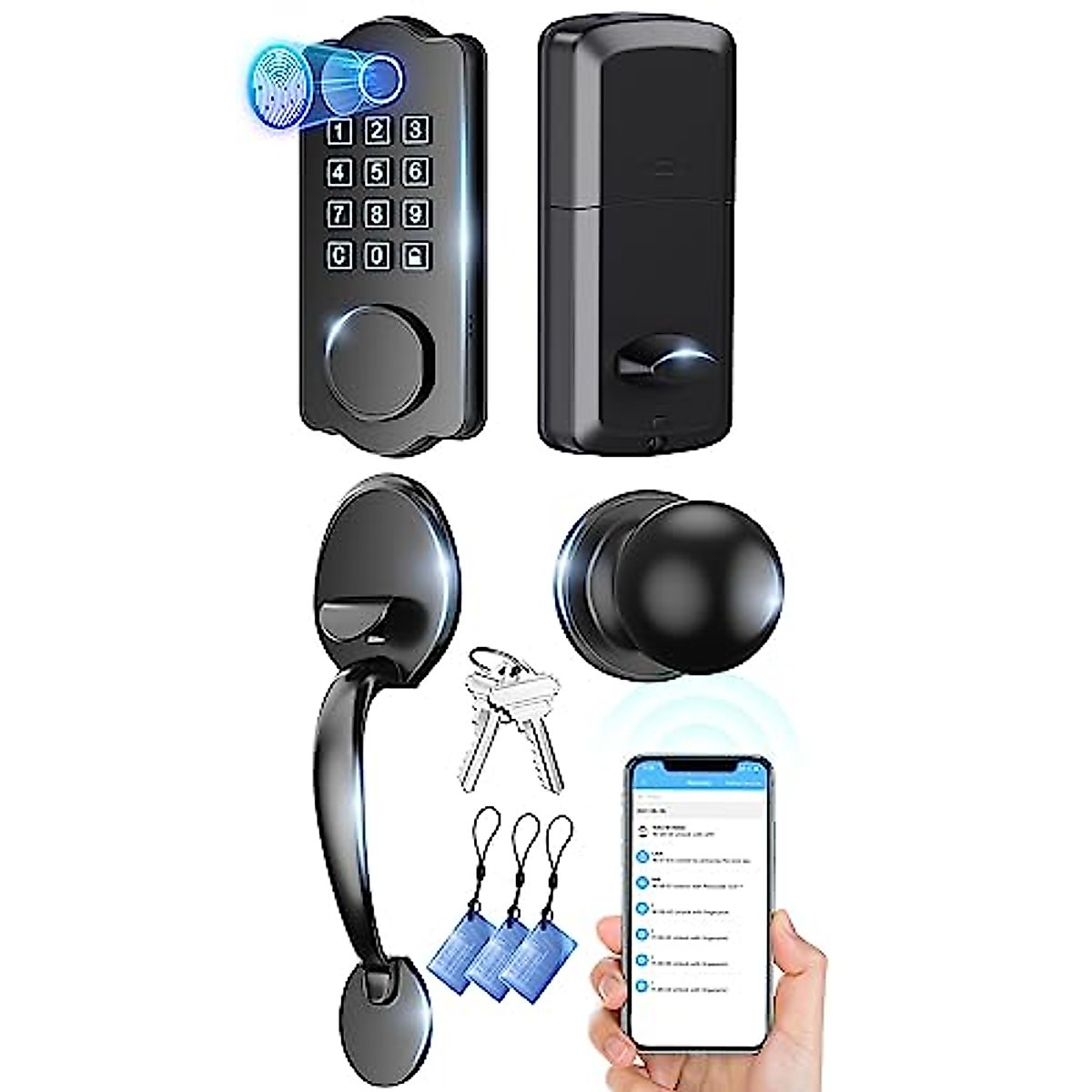 Front Door Lock Set, Keyless Entry Door Lock with Handle, APP Control Fingerprint Door Lock, 150 Codes Keyed Entry Smart Deadbolt, Auto Lock, Backlit
